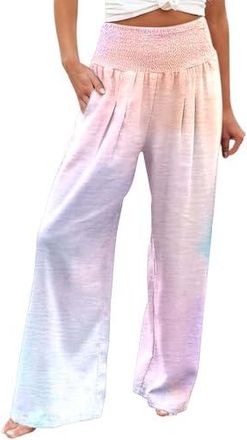 Generic Pantalon en coton et lin pour femme - Jambe large - Pantalon de plage d&eacute;t&eacute; confortable - Pantalon de yoga Palazzo - XIYU26091, rose clair, XXL