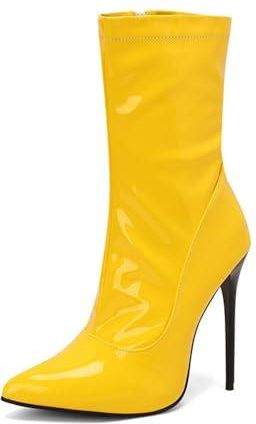 Generic Femmes Cuir Verni Bottes Courtes Bout Pointu Bottes Mi-Mollet avec Fermeture Éclair Talons Aiguilles Alto Bottines,Jaune,35.5 EU