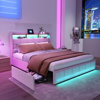 Generic Bett mit Stauraum 160x200, Polsterbett Doppelbett mit 4 Schubladen und LED-Beleuchtung, Jugendbett mit USB und Type-C, Funktionsbett Bettgestell mit L