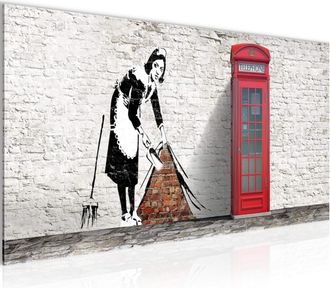 Runa Art Wandbild Banksy Maid 1 Teilig 100 x 40 cm Modern Bild auf Vlies Leinwand Abstrakt Loft Wohnzimmer Rot Weiss 032812c