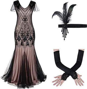 Ibtom Robe Cocktail Femme Robe Frangée Costume Année Gatsby Transparente Robe Flapper 1920 Femme Robe Soirée Paillette pour Soirée Art Déco Tango Latine Fêt
