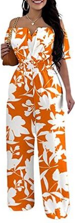Minetom Combinaison Jumpsuit Femme Elégante Épaules Dénudées Manche Courte Overalls Cocktail Soirée Fête Rompers A2 Orange XL