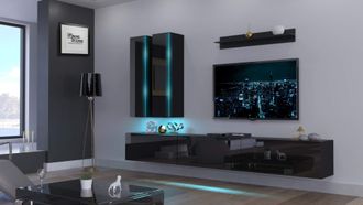Furnitech Wohnwand Wohnzimmer | Wohnzimmer M&ouml;bel mit LED RGB - 16 Farben | H&auml;ngend Wohnwand Modern | Wohnzimmer Schrankwand mit Regale und TV Schrank (Grand AN4
