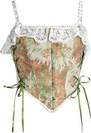 Generic Corset Femme Marron, D&eacute;bardeur Vintage &Agrave; Imprim&eacute; Et Bordure En Dentelle Pour Femme, &Agrave; Porter Comme V&ecirc;tement DExt&eacute;rieur Avec Un Soutien-Gorge &Agrave; Bretell