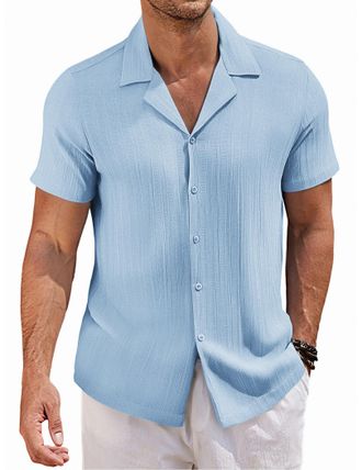 Coofandy Hemd Herren Kurzarm Sommer Freizeithemd Kuban Kragen Männer Kurzarmhemd Gestreiftes Haiwaiihemd Guayabera Shirt Sky Blau XXL