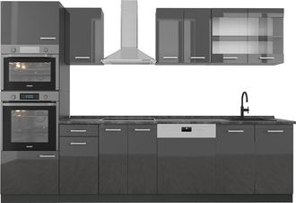 Vicco Küchenzeile R-Line, Anthrazit Hochglanz/Anthrazit, 300 cm mit Hochschrank, AP Anthrazit