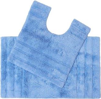 Homescapes Tapis de Bain antidérapant 50 x 80cm + Contour WC 50 x 55cm, Lot de Tapis de Bain en Pur Coton Ultra Doux, Couleur Bleu