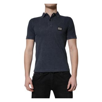 Dolce & Gabbana Logo Plakette Baumwoll-Polohemd - - Tops - Herren - Blau - XS