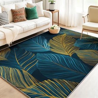 Generic Tapis &agrave; Motif Feuilles De Palmier Abstraites Grand Antid&eacute;rapant &agrave; Poils Courts Doux Chambre Poil Ras de Sol Bleu Or, 140 x 200 cm