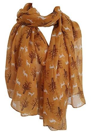 GlamLondon Foulard dhiver avec motif cerfs et renne - Cadeau de No&euml;l pour femme, Mustard, L