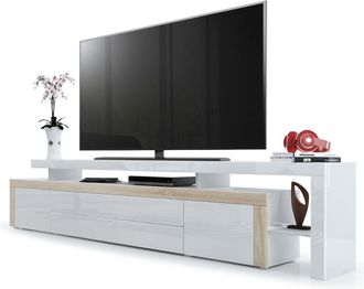 Vladon TV Board Lowboard Leon V3, Made in Germany, Korpus und Überbau in Weiß Hochglanz/Front in Weiß Hochglanz mit Rahmen in Eiche sägerau (227 x 52 x 35 cm