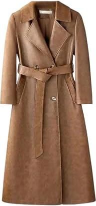 Generic Trench-coat en simili cuir pour femme - Veste longue dhiver double boutonnage &agrave; revers crant&eacute;, Lighttan, L
