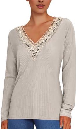 Generic Chemise unie à manches longues pour femme, coupe ample, t-shirt à manches longues, coupe ajustée, col en V, chemises en tricot côtelé, vêtements pour 