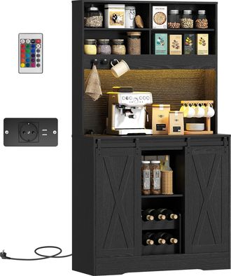 HOMCOM K&uuml;chenanrichte mit Ladesteckdosen, Einstellbarer LED-Beleuchtung, Flaschenregal, Vorratsschrank mit offenen Regalen und Schiebet&uuml;ren, f&uuml;r Wohnzimmer u