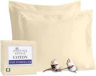 Pizuna Coton Set de 2 Taies doreiller 65x65 cm Nouveau Ivoire, 1000 Fils au Pouce, 100% Coton &agrave; Fibres Longues en Armure Satin Taies doreiller en Coton 65x65