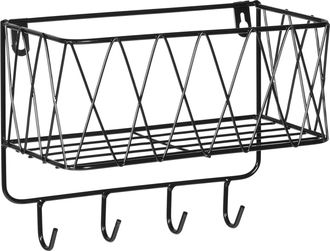 Angoily Multifunktionales Wandregal mit Haken aus Schwarzem Metall Dekoratives Hängeregal Zur Schlüsselaufbewahrung und Dekoablage für Küche Flur und Badezimm