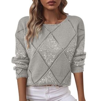 Generic Pull en crochet &agrave; col rond et manches longues pour femme Motif losanges, gris clair, XXL