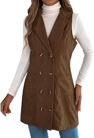 Generico Manteau décontracté pour femme dune seule couleur Gilet de mi-saison élégant en velours côtelé pour femme avec double boutonnage et poches, Café, XL