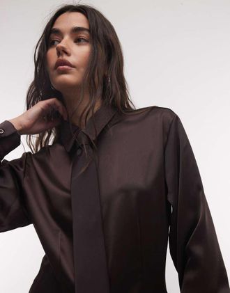 Asos chemise longue en satin avec lien &agrave; nouer marron chocolat-Multi