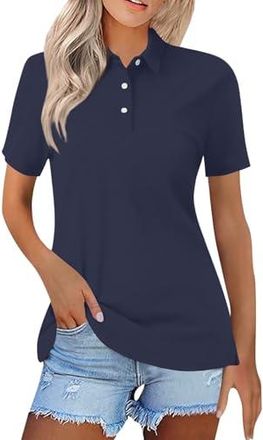 Generic Chemisier uni à manches courtes pour femme - Haut dété tendance décontracté à manches courtes - Col boutonné - Coupe ample - Vêtements pour la vie quo