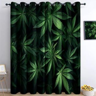 Generic Rideau Occultant Lignes Feuilles Cannabis Naturelles, Rideaux Oeillets Protecter la Confidentialit&eacute; Vert fonc&eacute; Isolation Lumineux, Chambre L 75 x H 16