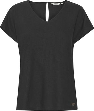Oxmo OXSABINE Damen Bluse Shirt aus Leinenmix mit V-Ausschnitt und Knopfverschluss am Rückenausschnitt, Größe:40, Farbe:Black (200451)
