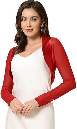 Allegra K Bolero Transparent Femme en Maille Gilet élégant à Manches Longues pour Mariage Cardigan Court Ouvert sur Le Devant Rouge L
