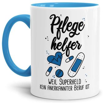 Tassendruck Berufe-Tasse Superheld Pflegehelfer - Kaffee-Tasse mit Spruch/Arbeit/Job/Lustig/Geschenk-Idee - Innen & Henkel Hellblau