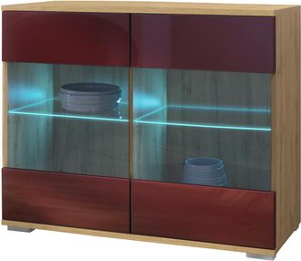 Vladon Kommode Bari V3, Moderner Küchenschrank mit 2 großen Glastüren inkl. RGB Beleuchtung Eiche Evoke/Bordeaux Hochglanz (92,5 x 75.5 x 35)