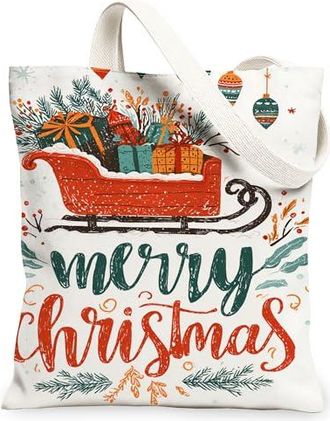 Generic Sac fourre-tout en toile avec motif de tra&icirc;neau de No&euml;l, sacs r&eacute;utilisables, sacs dhiver, rustiques, chics, l&eacute;gers et lavables avec bandouli&egrave;re, blanc