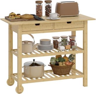 HOMCOM Desserte de cuisine - HOMCOM - à roulettes - 2 tiroirs, 2 étagères et plan de travail - bambou - 100x43x75cm - bois naturel