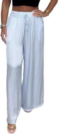 Onsoyours Femme Pantalon dété en Satin Pantalon à Jambes Larges Cordon Élastique Ample Pants Large Couleur Unie Confortable Sport Yoga Hose A Bleu M