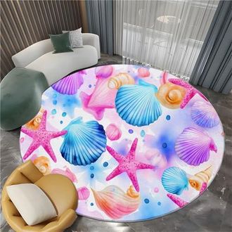 Generic Couleur Tapis Rond antid&eacute;rapant Minimalist, Doux et Lavable en Machine Tapis Rond &agrave; Motif Aquarelle Coquillages &Eacute;toiles De Mer pour Chambre &agrave; Coucher 