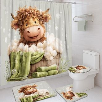 Generic Duschvorhang-Set mit Kuh-Motiv, Fantasie-Cartoon-Blasenkorb, Fr&uuml;hlingsgr&uuml;n, Polyester, wasserdichtes Badezimmertuch, Duschvorhang und Teppich-Set f&uuml;r 