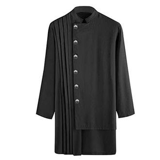 Generic Chemise en lin &agrave; manches longues pour homme - Chemise en lin - Robe musulmane en coton - Chemise &agrave; col boutonn&eacute; - Coupe ajust&eacute;e - T-shirt long pour ho