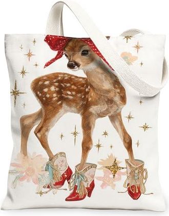 Generic Sacs fourre-tout en toile motif fauve, adorables sacs &agrave; provisions r&eacute;utilisables, motif floral, chic, l&eacute;ger, lavable &agrave; l&eacute;paule, blanc, 13x15 Inch