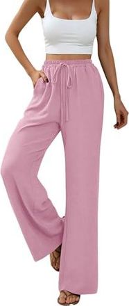 Generic Pantalon en lin pour femme - Long - D&eacute;contract&eacute; - A&eacute;r&eacute; - Jambes larges - Pantalon en lin - Taille haute - Avec cordon de serrage - Couleur unie - Avec