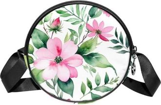 Generic Petit sac &agrave; bandouli&egrave;re circulaire pour femme, motif feuilles florales, sac &agrave; dos avec fermeture &eacute;clair, bretelles r&eacute;glables, sac &agrave; main rond d&eacute;contra