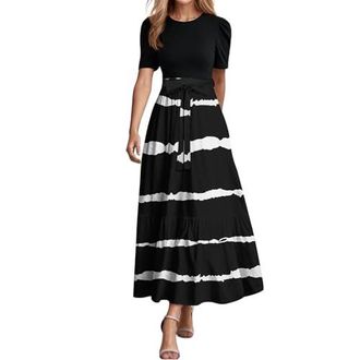 Generic Robe d&eacute;t&eacute; pour femme - Imprim&eacute; floral - Manches courtes - Robe maxi patchwork &agrave; volants - Robe trap&egrave;ze, Noir, XXL