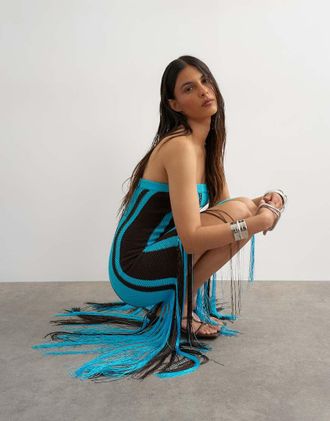 Topshop Robe en maille &agrave; larges rayures et franges - Turquoise et marron-Bleu