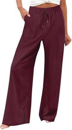 Generic Pantalon d&eacute;t&eacute; en lin pour femme - Long - L&eacute;ger et a&eacute;r&eacute; - Pantalon en lin &eacute;lastique - Taille haute - Pantalon de loisirs - Couleur unie - Confortable -