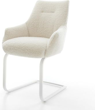 DELIFE Freischwinger Alja-Flex mit Armlehnen Teddystoff Beige Freischwinger flach Wei&szlig; Taschenfederkern, Esszimmerst&uuml;hle