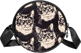 Generic Sac &agrave; bandouli&egrave;re rond pour femme, chat portant des lunettes, petit sac &agrave; bandouli&egrave;re avec fermeture &eacute;clair, bretelles r&eacute;glables, sac &agrave; main rond d&eacute;co