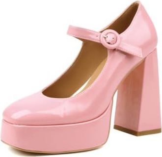 Generic Femmes Chic Mary Jane Pompes Plate-Forme Bloc Talons Boucle Décor Bout Rond Soirée Élégante Soirée Chaussures Décontractées,Rose,42.5 EU