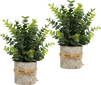 Nala 2er Set K&uuml;nstliche Pflanzen Eukalyptus, Beton Optik, 6cm x 7cm-14cm, Vintage Style, Schreibtisch Deko, Badezimmer, Kunstblumen Wie Echt, Balkon, Kunst