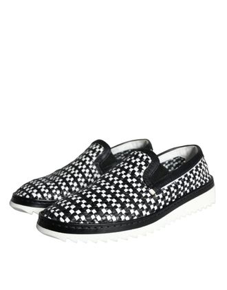 Dolce & Gabbana Black White Weaved Slip On Men Loafers Shoes And Buffalo Calfskin