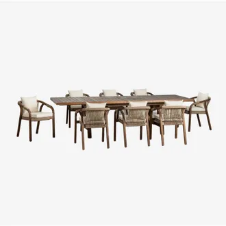 Sklum Set aus rechteckigem Tisch 200-260-320x100 cm ausziehbar und 8 Gartenst&uuml;hlen mit Armlehnen aus Akazienholz Dubai Akazienbraun dunkel