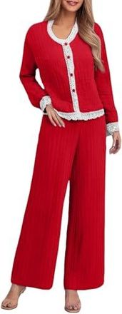 Generic Ensembles c&ocirc;tel&eacute;s &agrave; manches longues pour femmes, pyjamas c&ocirc;tel&eacute;s pour femmes, ensembles dint&eacute;rieur en coton, col rond, chemisiers &agrave; manches longues et