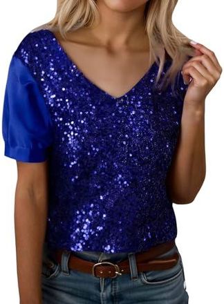 Generico Chemisier &agrave; paillettes avec col en V Grandes tailles - Haut brillant &eacute;l&eacute;gant &agrave; manches courtes et paillettes - Haut pour f&ecirc;tes et cocktails - Haut bri