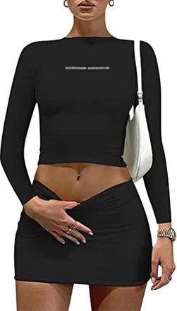 Onsoyours Ensemble Femme Sexy Chic de 2 Pcs Crop-Top Tricoté à Manches Longues + Mini Jupe Crayon Moulante A Noir L